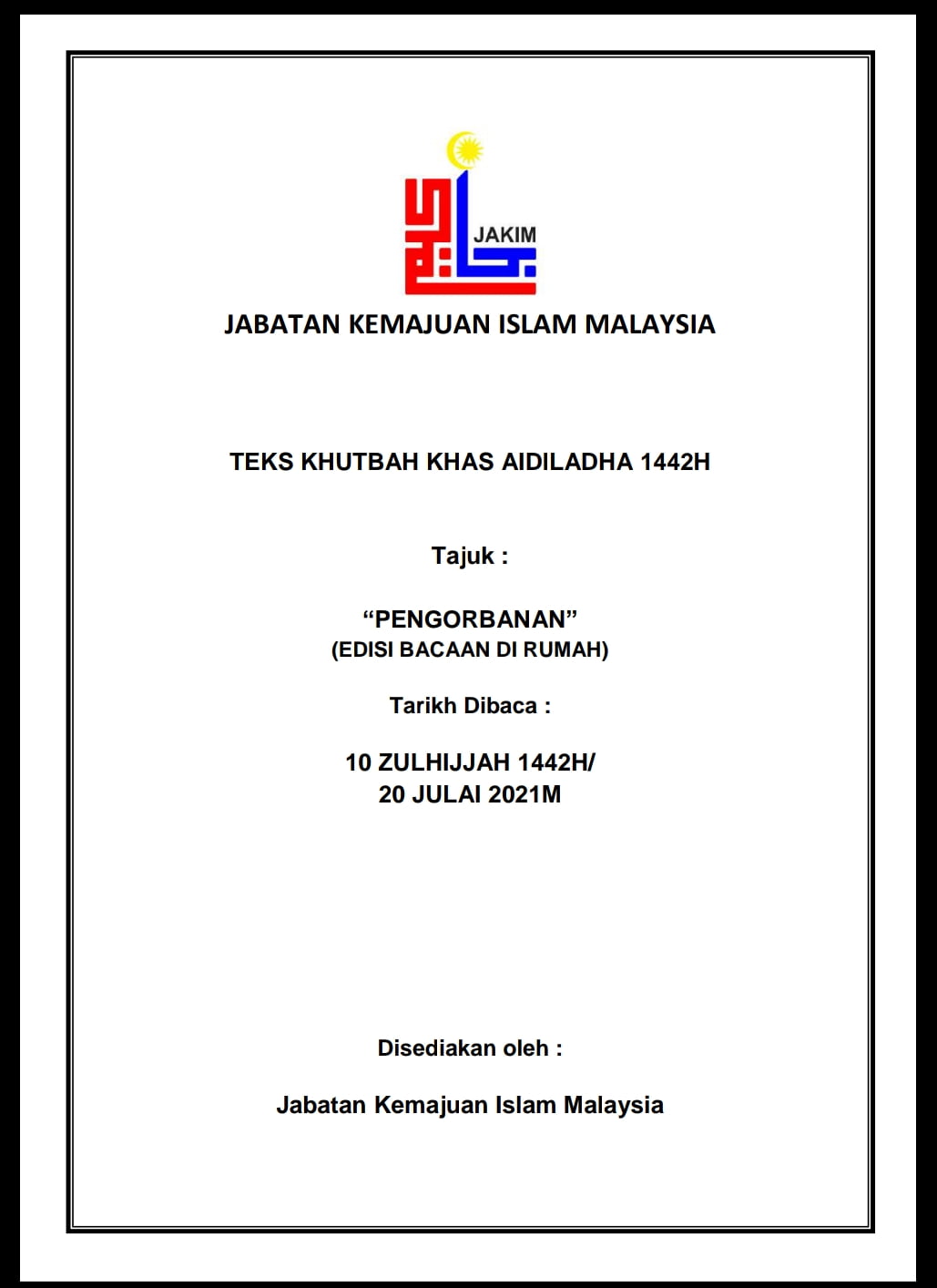 Panduan Teks Khutbah Aidiladha 2021 Di Rumah E Khutbah Jakim