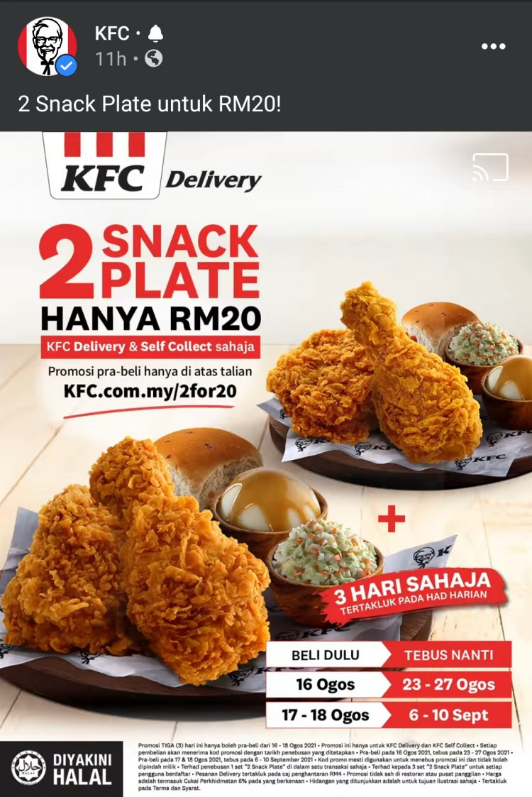 Promosi Snack Plate KFC '2 For RM20' (16-18 Ogos 2021)